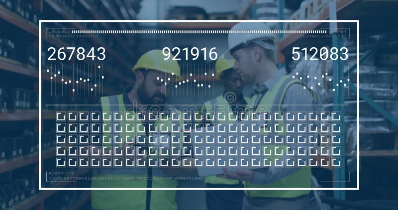 Three Warehouse Workers Examining Tablet in Distribution Aisle, Showing ...