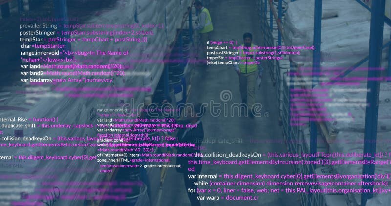 Three Warehouse Workers Walking Down Aisle, Showing Floating Code Text ...
