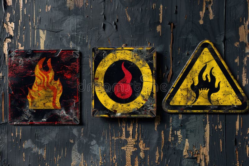 Three Warning Signs on a Wooden Surface. Ideal for Safety and Caution ...