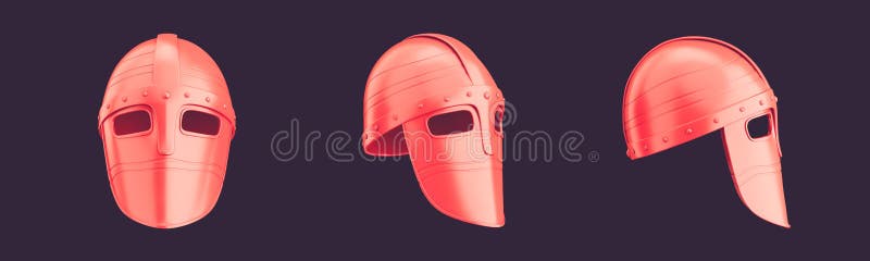 Three Warrior Helmets from 3 View Angles, Monochrome Single Color Red ...