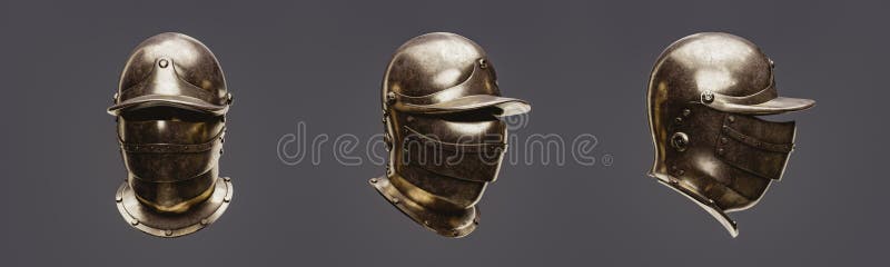 Three Warrior Helmets from 3 View Angles, Old Brass Metal Helm, 3d ...