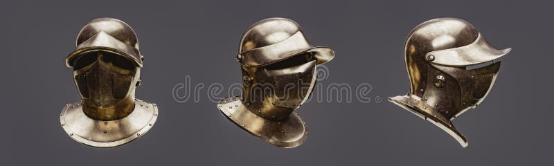 Three Warrior Helmets from 3 View Angles, Old Brass Metal Helm, 3d ...
