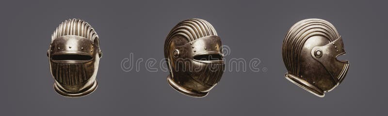 Three Warrior Helmets from 3 View Angles, Old Brass Metal Helm, 3d ...