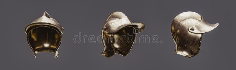 Three Warrior Helmets from 3 View Angles, Old Brass Metal Helm, 3d ...