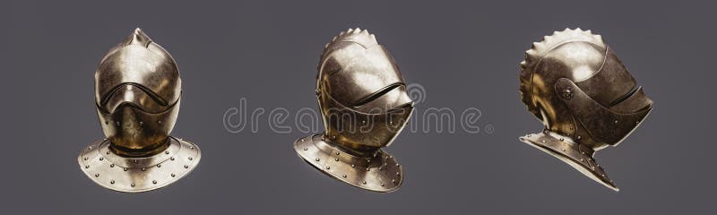 Three Warrior Helmets from 3 View Angles, Old Brass Metal Helm, 3d ...