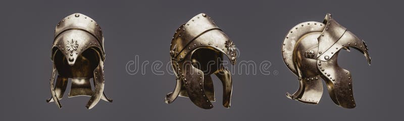Three Warrior Helmets from 3 View Angles, Old Brass Metal Helm, 3d ...