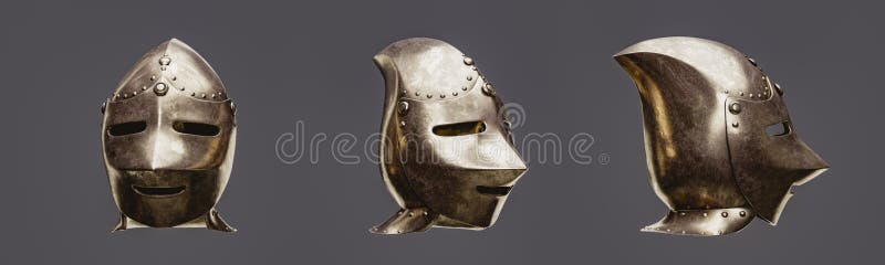 Three Warrior Helmets from 3 View Angles, Old Brass Metal Helm, 3d ...