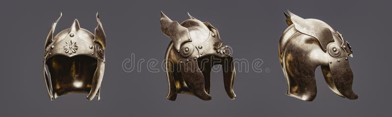 Three Warrior Helmets from 3 View Angles, Old Brass Metal Helm, 3d ...