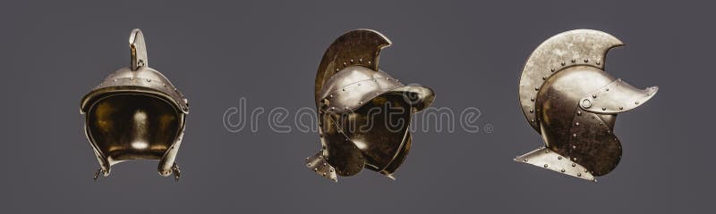 Three Warrior Helmets from 3 View Angles, Old Brass Metal Helm, 3d ...