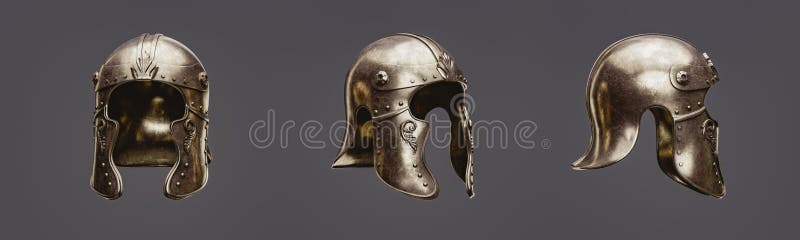 Three Warrior Helmets from 3 View Angles, Old Brass Metal Helm, 3d ...