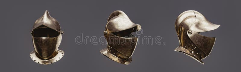 Three Warrior Helmets from 3 View Angles, Old Brass Metal Helm, 3d ...