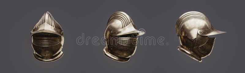 Three Warrior Helmets from 3 View Angles, Old Brass Metal Helm, 3d ...