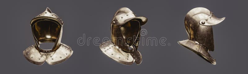 Three Warrior Helmets from 3 View Angles, Old Brass Metal Helm, 3d ...