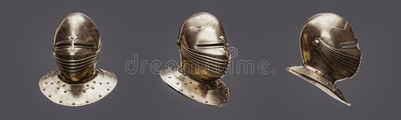 Three Warrior Helmets from 3 View Angles, Old Brass Metal Helm, 3d ...