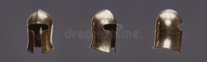 Three Warrior Helmets from 3 View Angles, Old Brass Metal Helm, 3d ...