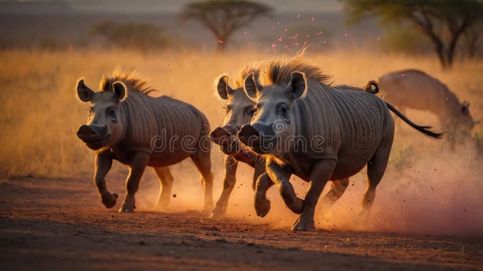 Golden Hour Desert Warthog Run: Wild African Pigs Charging through Dust ...