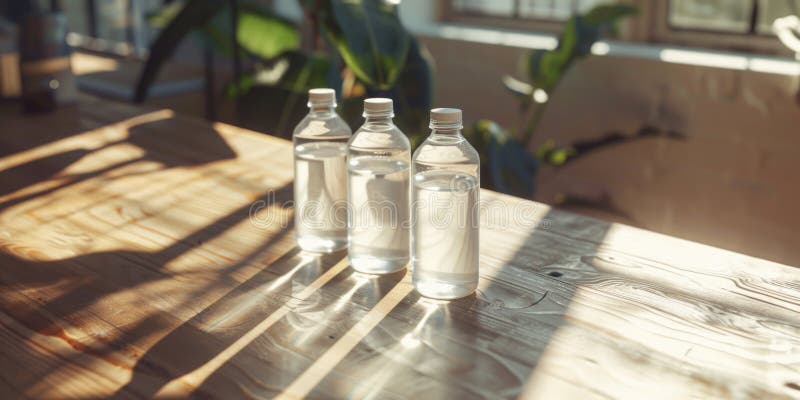 Three Water Bottles on a Table Stock Image - Image of healthy, table ...