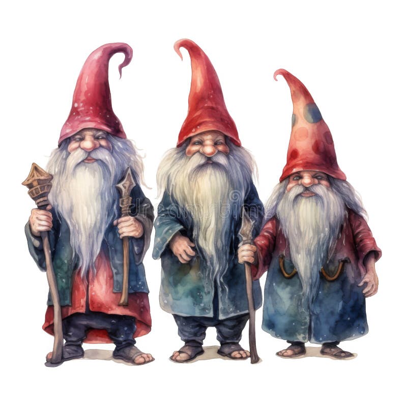 Three Watercolor Gnomes with Staffs and Beards Stock Photo ...