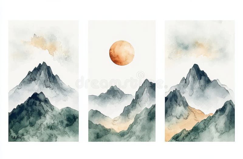 Three Watercolor Landscape and Mountain Illustrations, Hand-drawn on ...