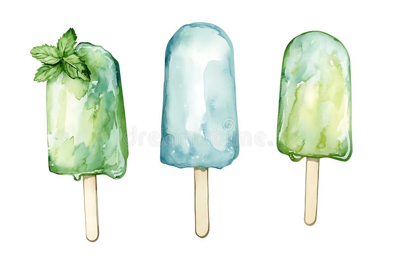 Three Watercolor Popsicles Mint, Blue, Green Stock Illustration ...