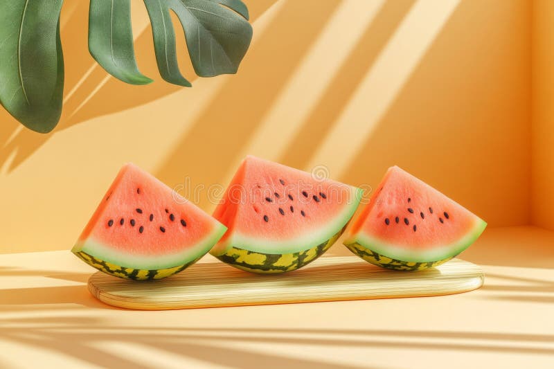 Three Watermelon Slices on a Wooden Board, Illuminated by Sunlight ...