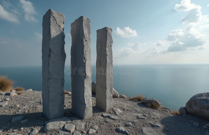 Three Weathered Concrete Pillars on a Rocky Cliff Edge Overlooking the ...