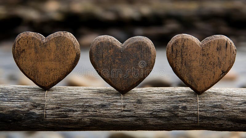 Three Weathered Wooden Hearts on a Rustic Log Stock Illustration ...
