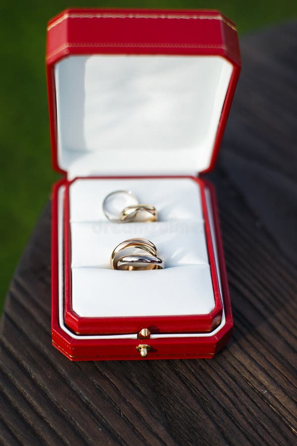 Three Wedding Rings in a Red Box Stock Image - Image of indoor ...