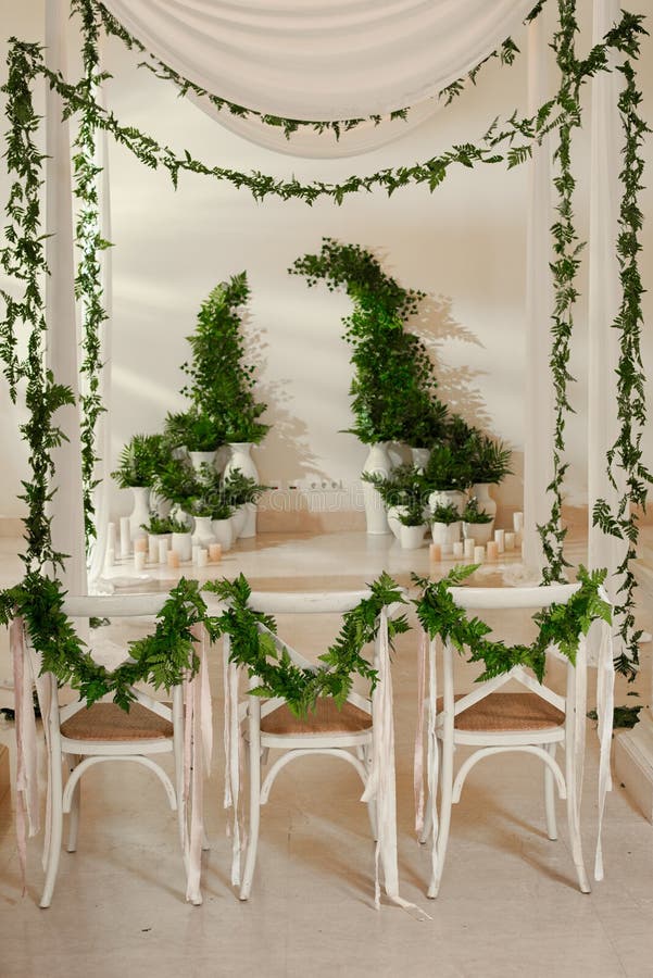 Three Wedding White Chairs and Arch Stock Image - Image of festive ...