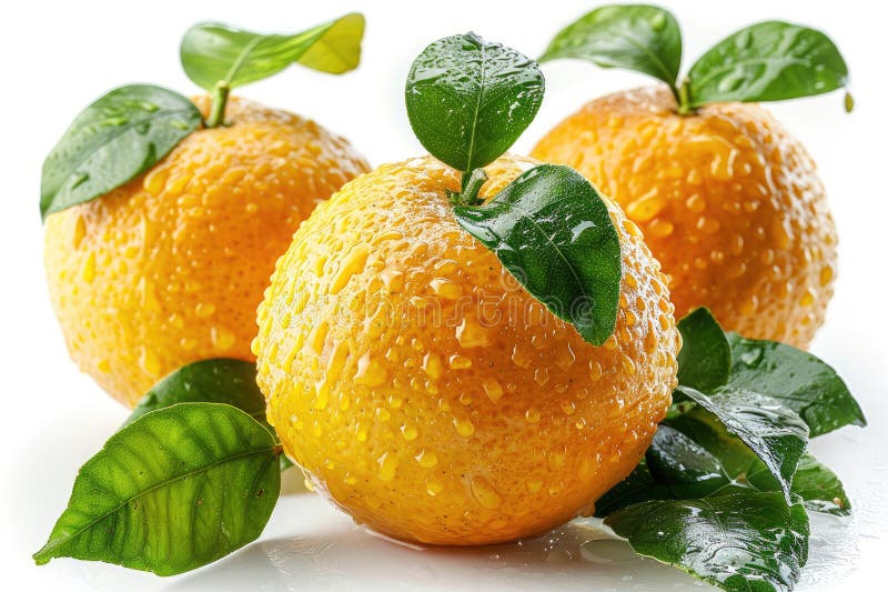 Three Wet, Ripe, and Juicy Oranges with Leaves on a White Background ...