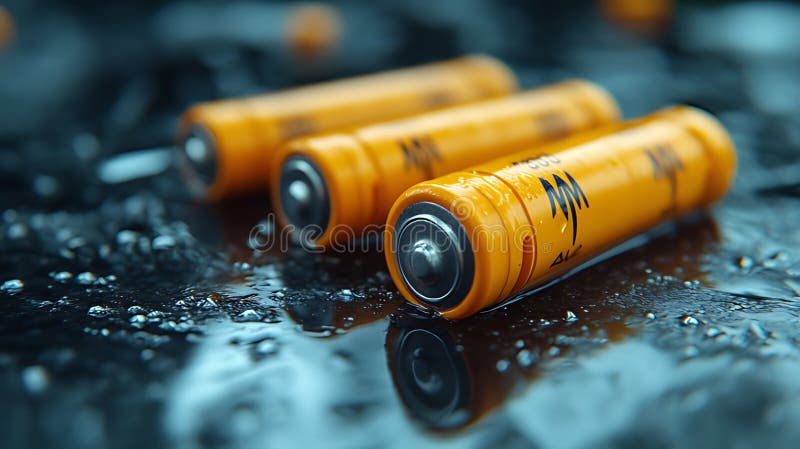 Three Wet Yellow AA Batteries on a Dark Reflective Surface Stock ...