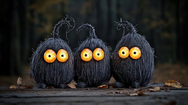 Three Whimsical Black Creatures with Bright Yellow Eyes on a Rustic ...