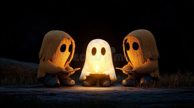 Three Whimsical Characters Gather Around a Glowing Ghost Creating a ...