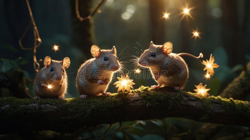 Three Cute Mice Holding Glowing Stars in Magical Forest at Night Stock ...