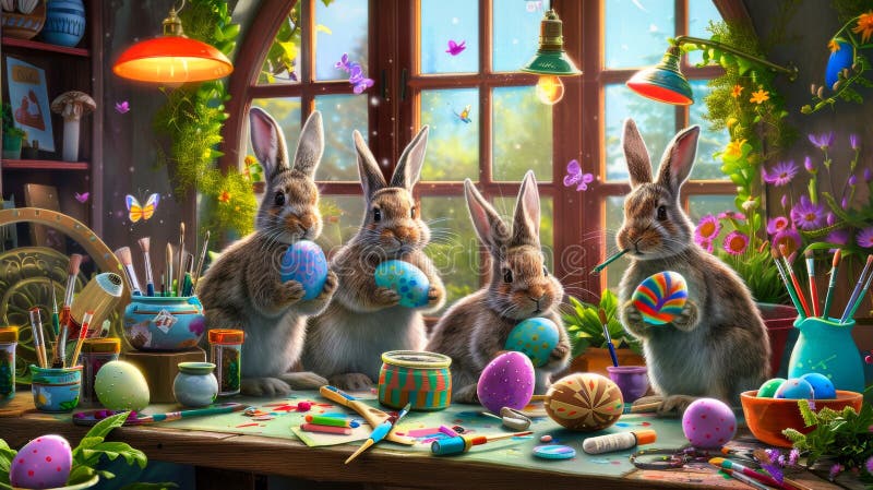 Enchanted Easter Bunnies with Vibrant Eggs Stock Illustration ...