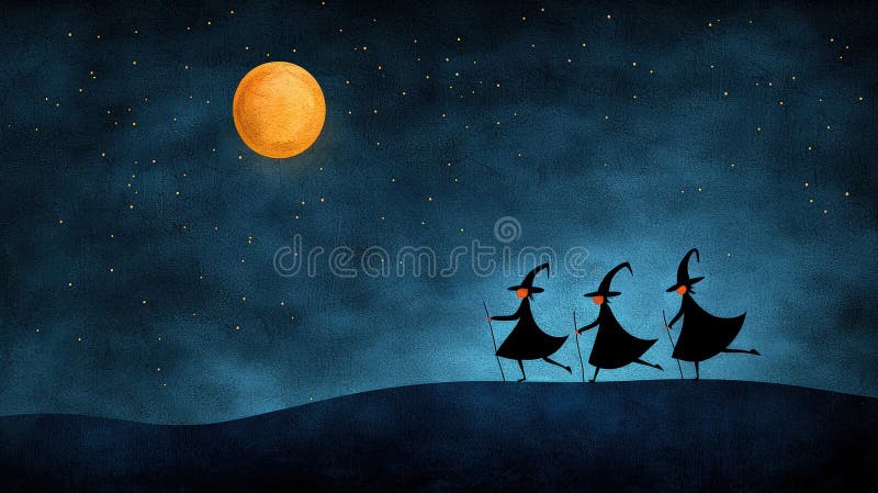 Three Whimsical Witches Dancing Under a Full Moon in a Starry Night Sky ...