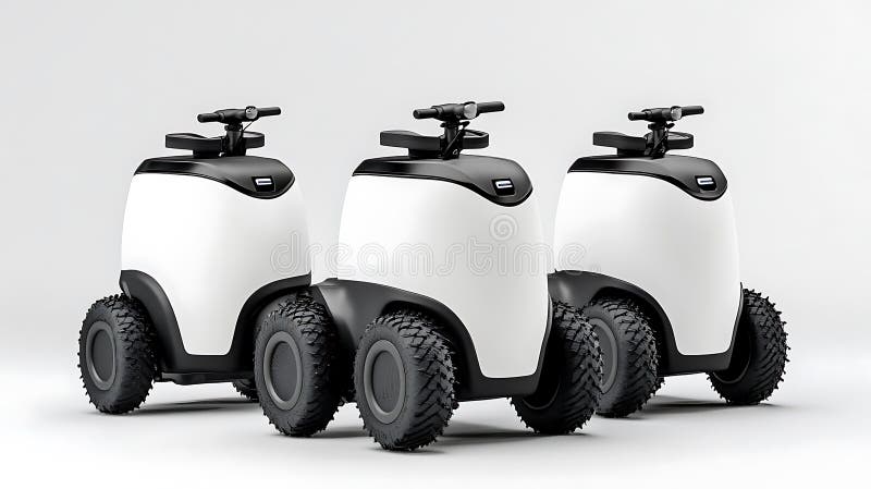 Three White Autonomous Delivery Vehicles on White Background Stock ...