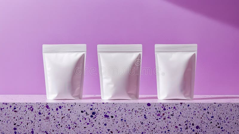 Three White Bags are on a Purple Background Stock Photo - Image of foil ...