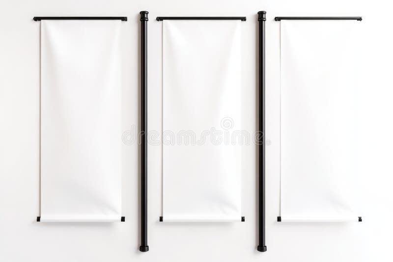 Three White Banners Hanging on a White Wall Stock Photo - Image of ...