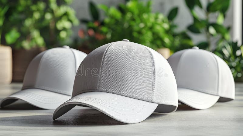 Three White Baseball Caps in Focus Generative AI Stock Illustration ...