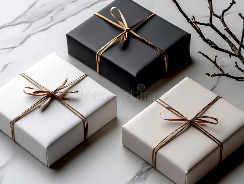 Three White and Black Gift Boxes with Gold Ribbons Tied Around Them ...