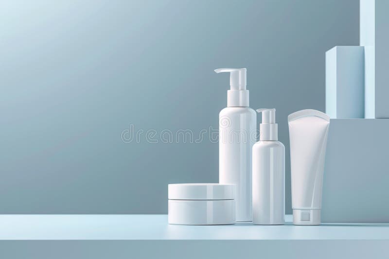 Three White Bottles of Cosmetics on Marble Counter Stock Illustration ...