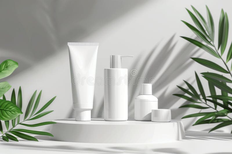 Three White Bottles of Cosmetics on Marble Counter Stock Illustration ...