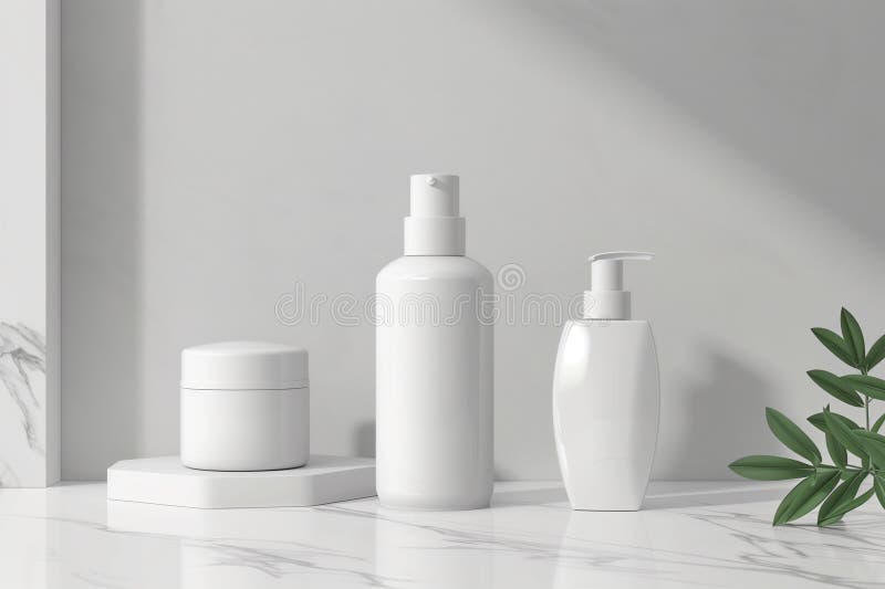Three White Bottles of Cosmetics on Marble Counter Stock Illustration ...