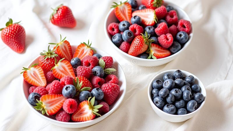 Bowls with Strawberries, Raspberries, and Blueberries Stock ...