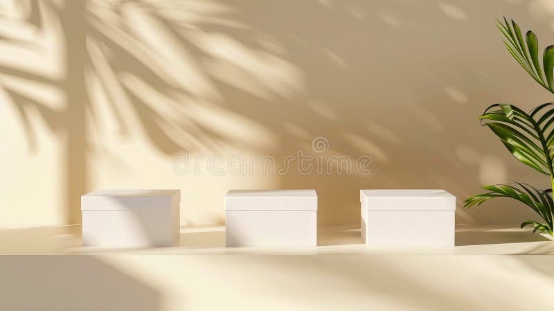 Three White Boxes on a Shelf with a Plant Stock Image - Image of ...