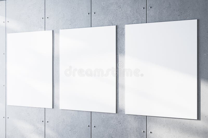 Three White Canvas Mockups Aligned on a Concrete Wall, Natural Shadows ...