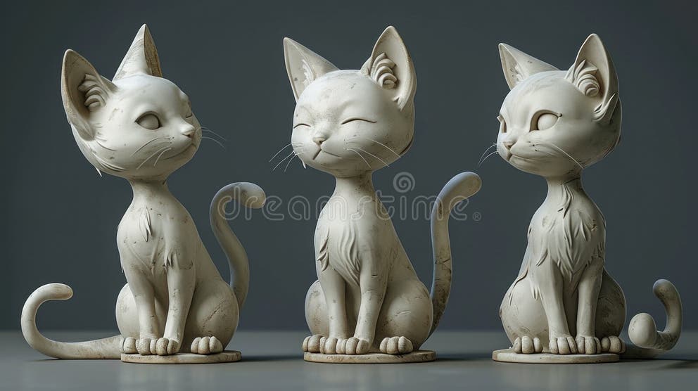 Three White Cat Statues are Sitting on a Gray Surface, AI Stock ...