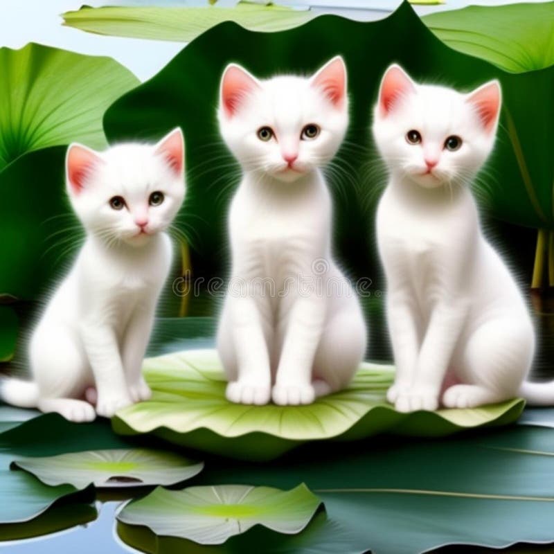 Three White Cats Stand on Lotus Leaves Floating in the Water Source ...