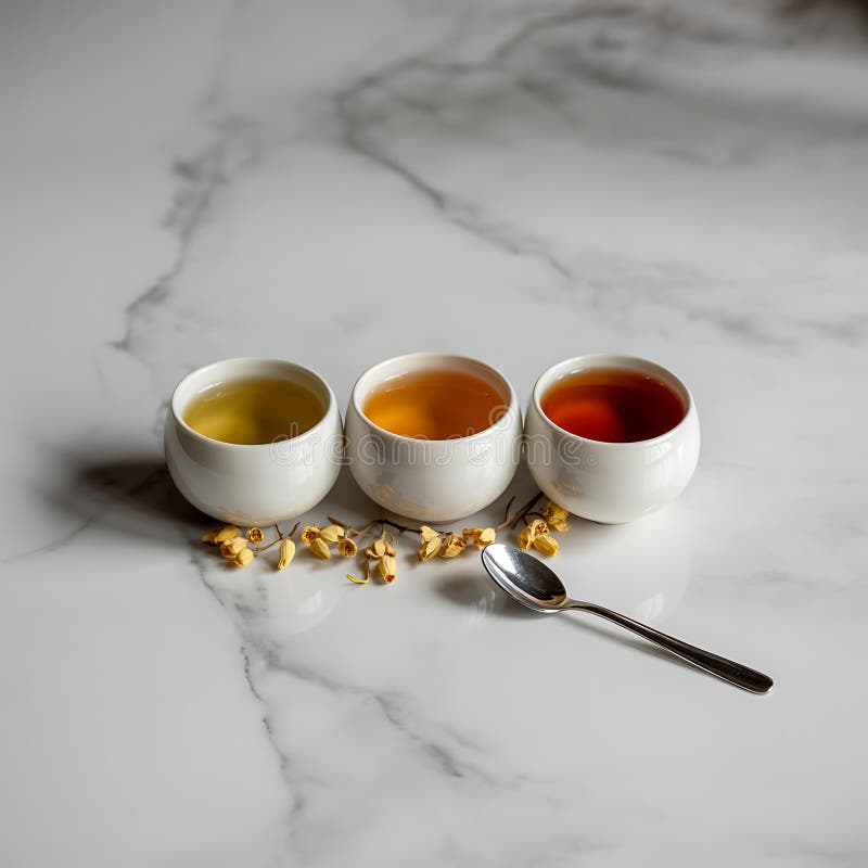 Three White Ceramic Tea Cups with Different Colored Teas on Marble ...